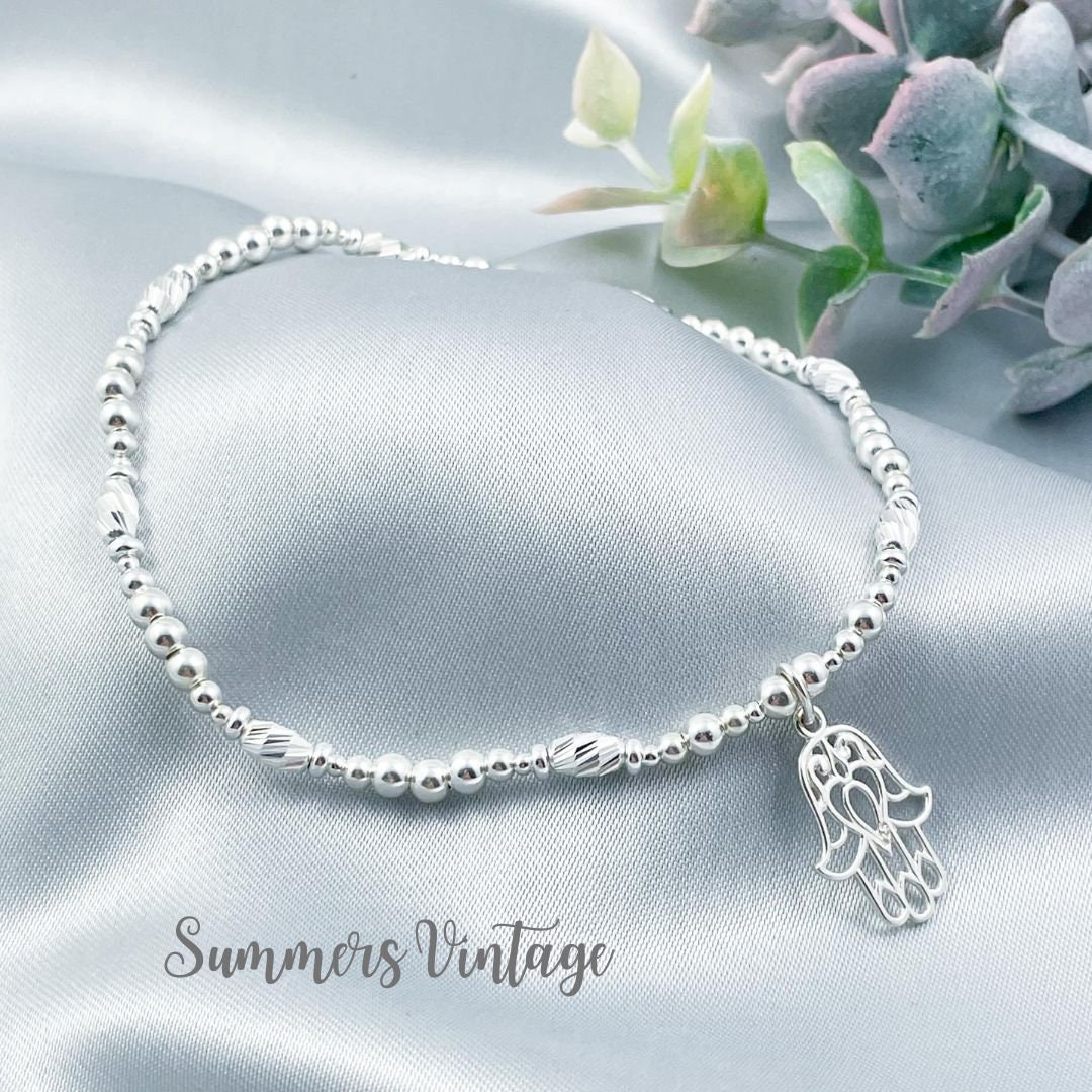 Sterling Silver Stretch Hamsa Hand Anklet, Spiritual Dainty Beaded Boho ...