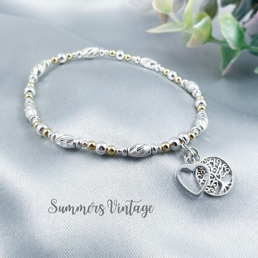 Sterling Silver and Gold Family Tree Bracelet, Heart and Tree of Life ...