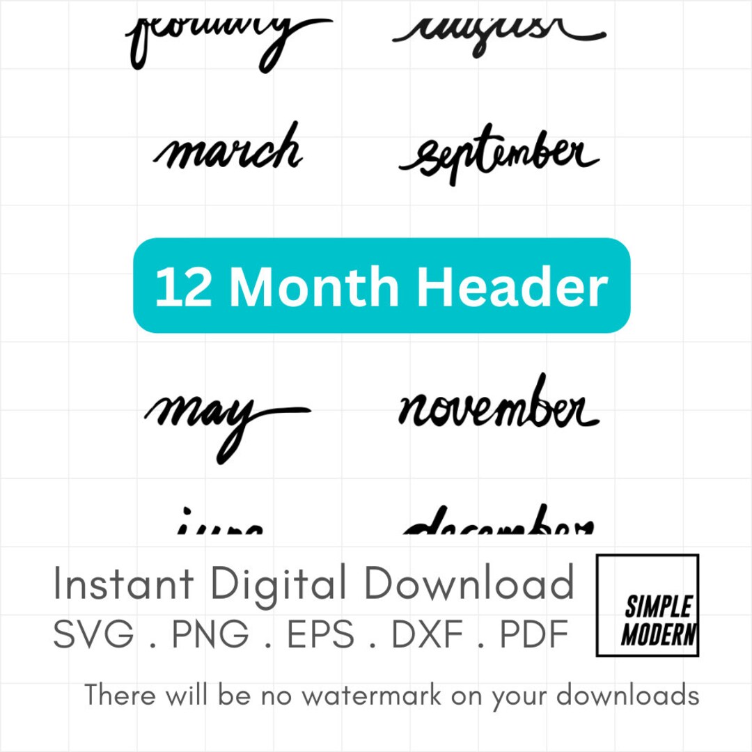 Printable 12 Month Stickers, Brush Hand Lettered Script Month Name SVG ...