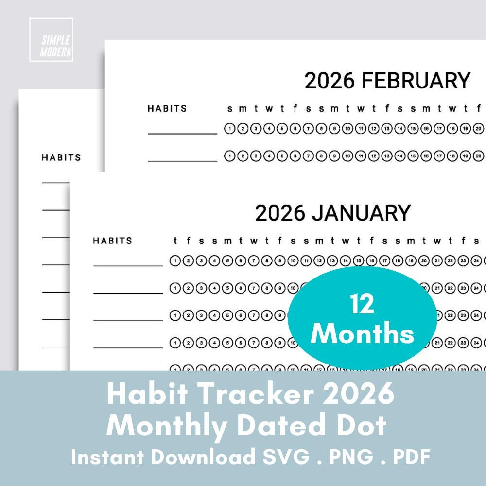 2026 Monthly Habit Tracker Printable, 12 Month Pages Dated Dots Each ...