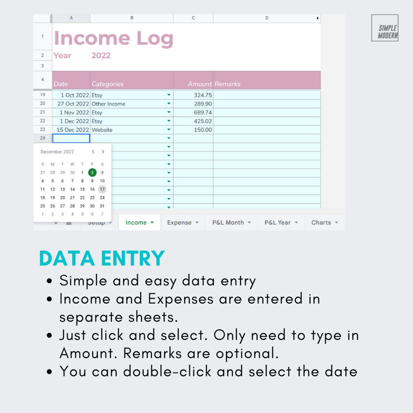 Simple Profit and Loss Google Sheets Template Digital Download, Income ...