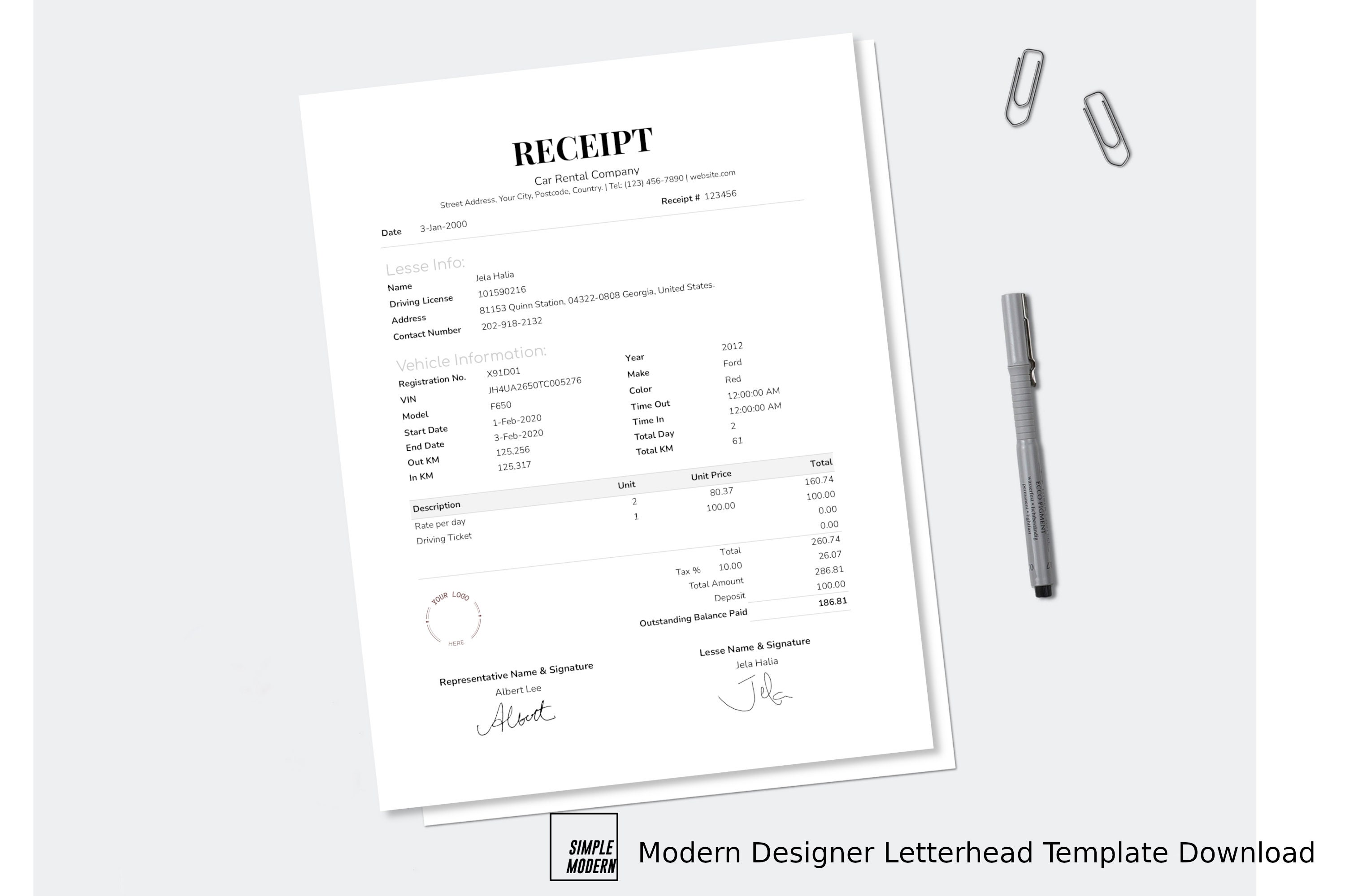 Car Rental Receipt Template Download, US Letter Size, Easy Editable in ...