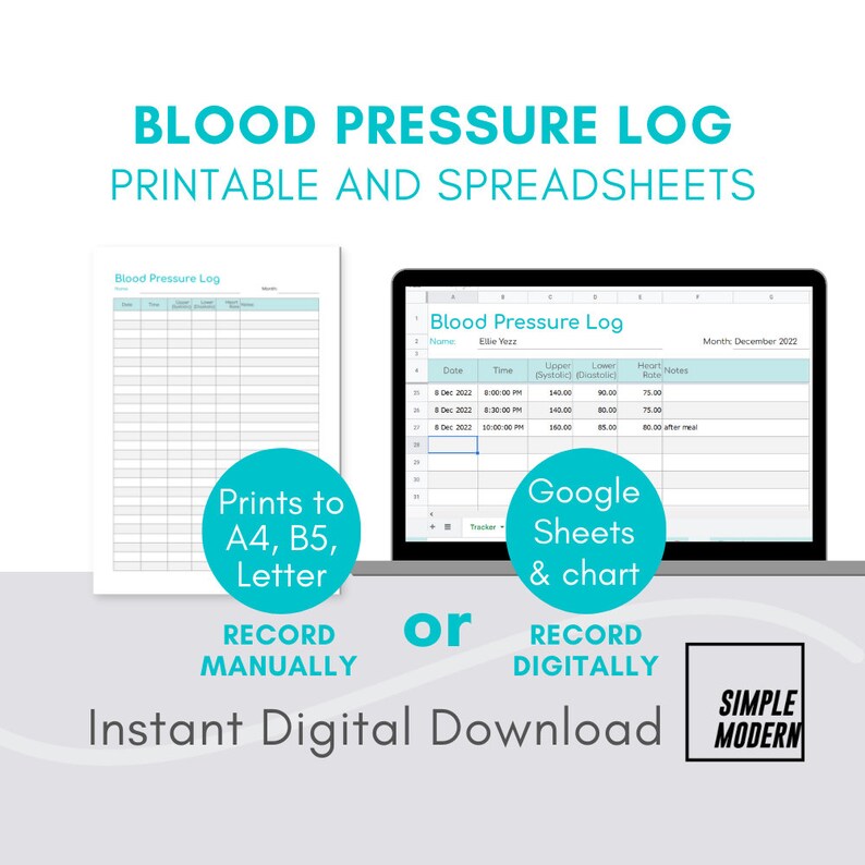 Blood Pressure Log, Instant Digital Download Daily Heart Rate Tracker ...