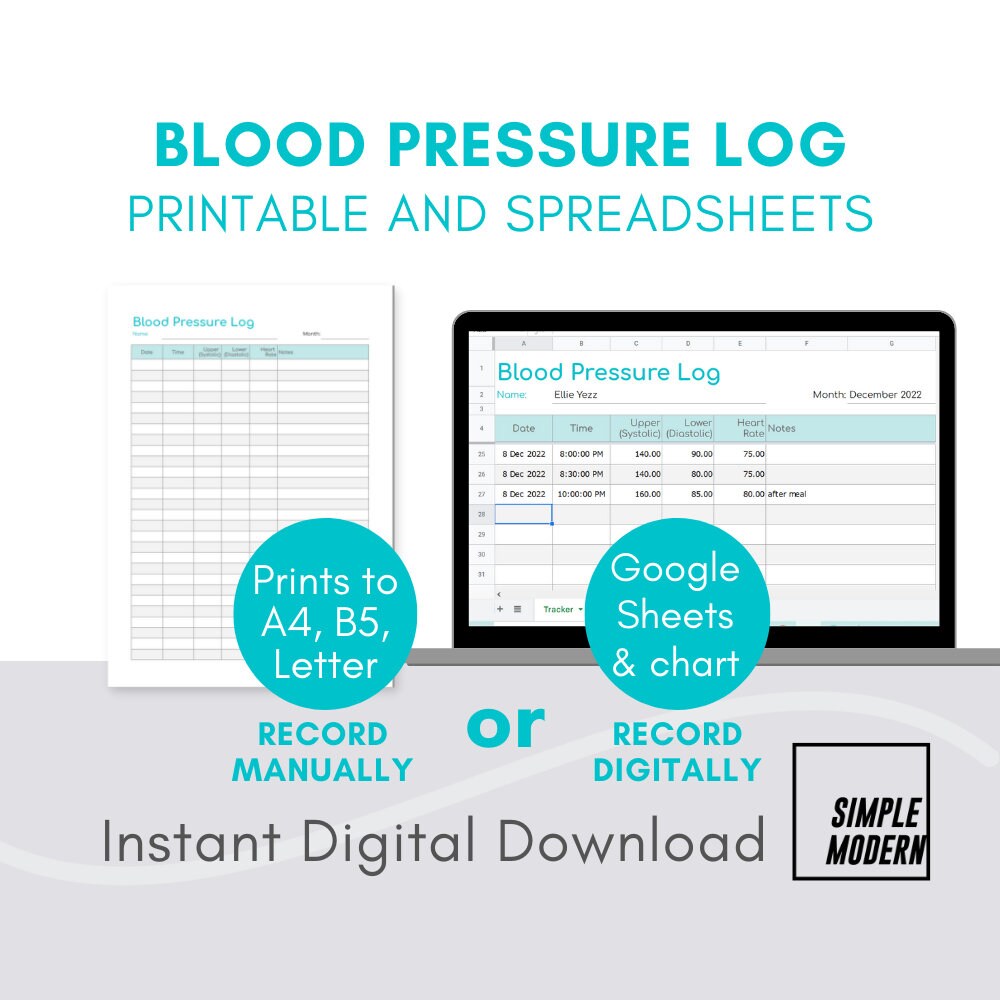 Blood Pressure Log, Instant Digital Download Daily Heart Rate Tracker ...