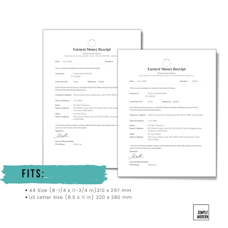 Earnest Money, Deposit Receipt Template Download, A4, US Letter Size ...