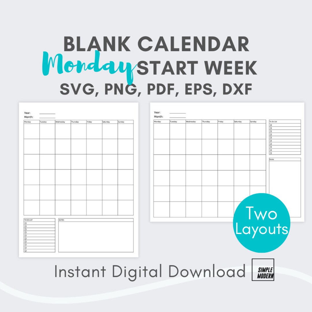 Blank Monthly Calendar SVG, Monday Start Undated Minimalist Calendar ...