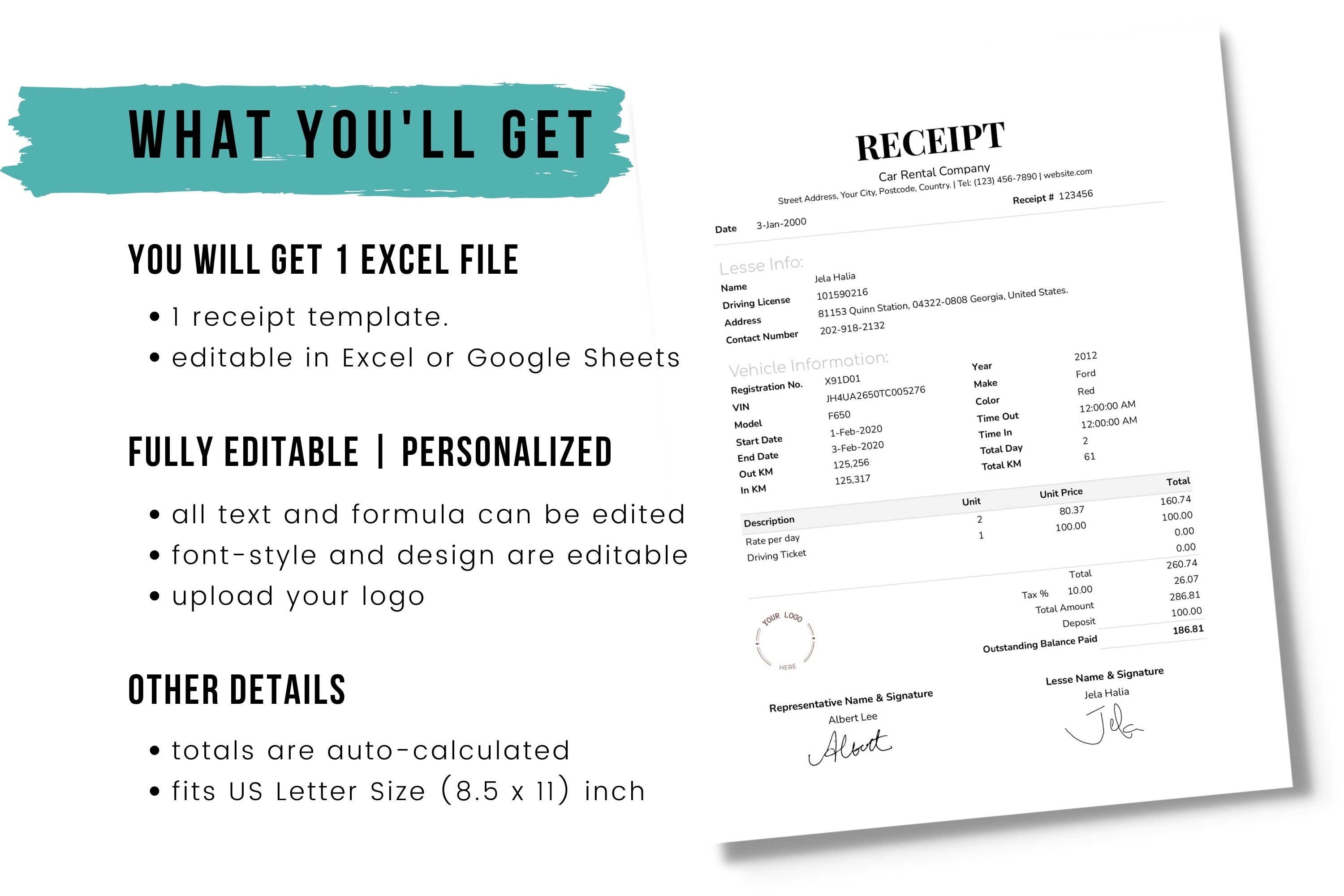 Car Rental Receipt Template Download, US Letter Size, Easy Editable in ...