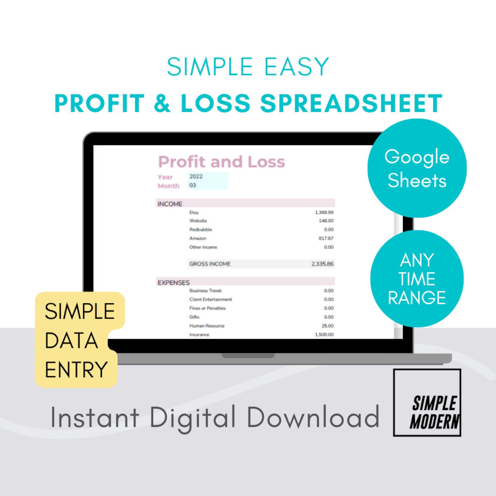 Simple Profit and Loss Google Sheets Template Digital Download, Income ...