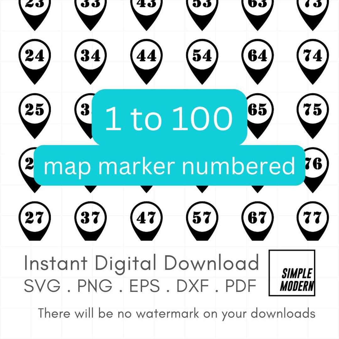 Map Marker Numbered SVG 1 to 100, Minimalist Location Pin Icons, Map ...