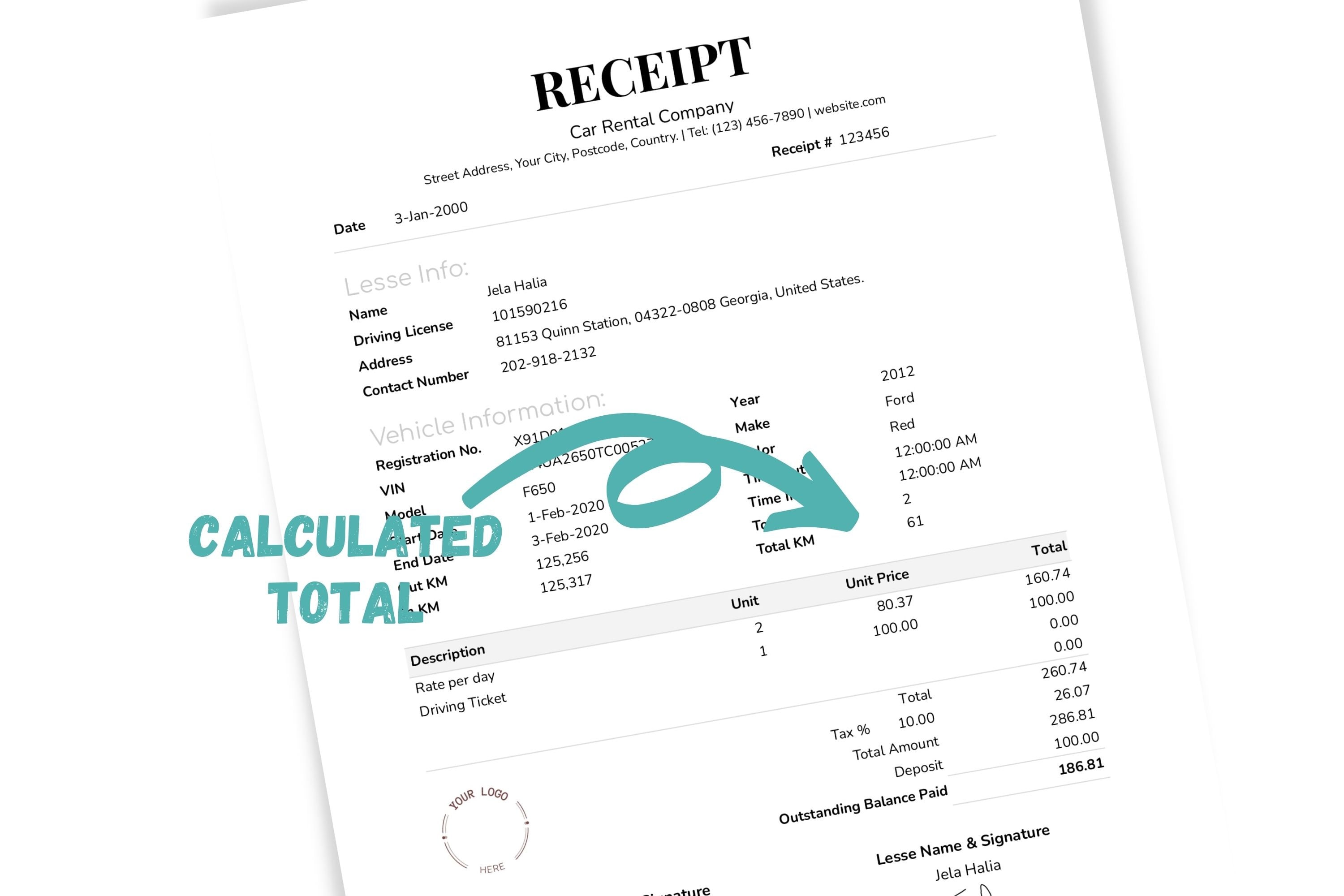 Car Rental Receipt Template Download, US Letter Size, Easy Editable in ...