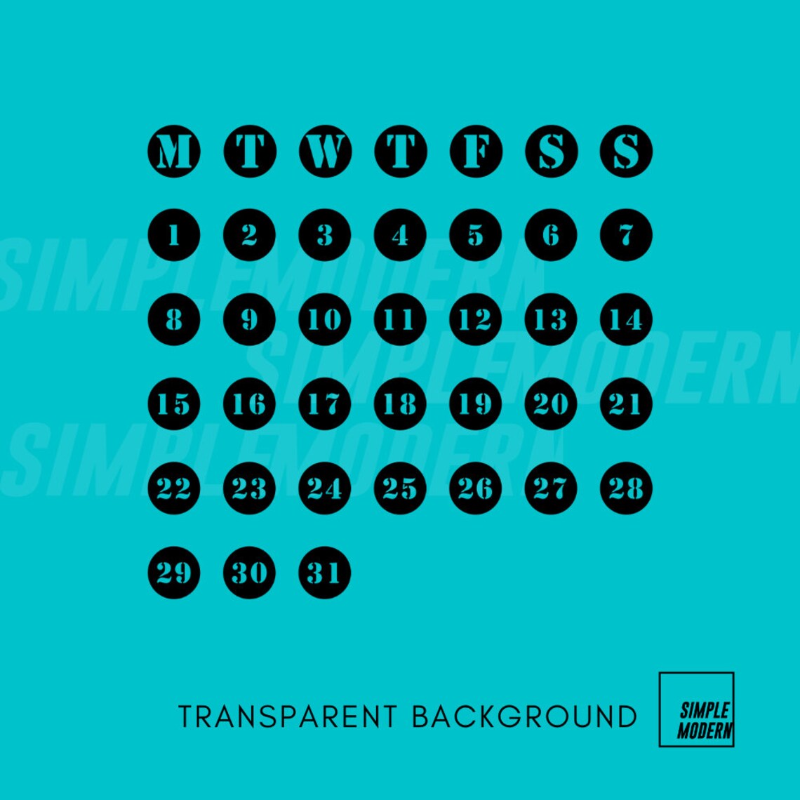 Calendar Number SVG, Instant Download Dark Circle Number and Letter ...
