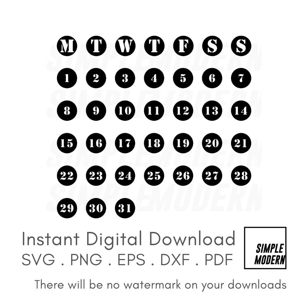 Calendar Number SVG, Instant Download Dark Circle Number and Letter ...