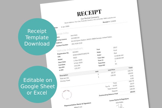 Car Rental Receipt Template Download US Letter Size Easy - Etsy