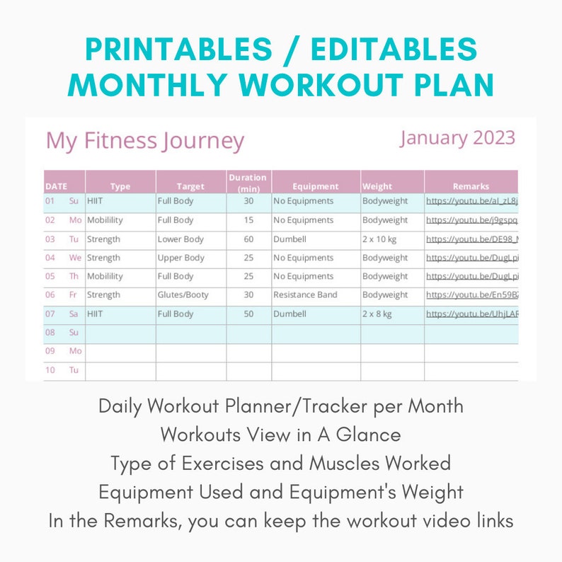 12 Months Monthly Workout Calendar Template, Daily Exercise Tracker ...