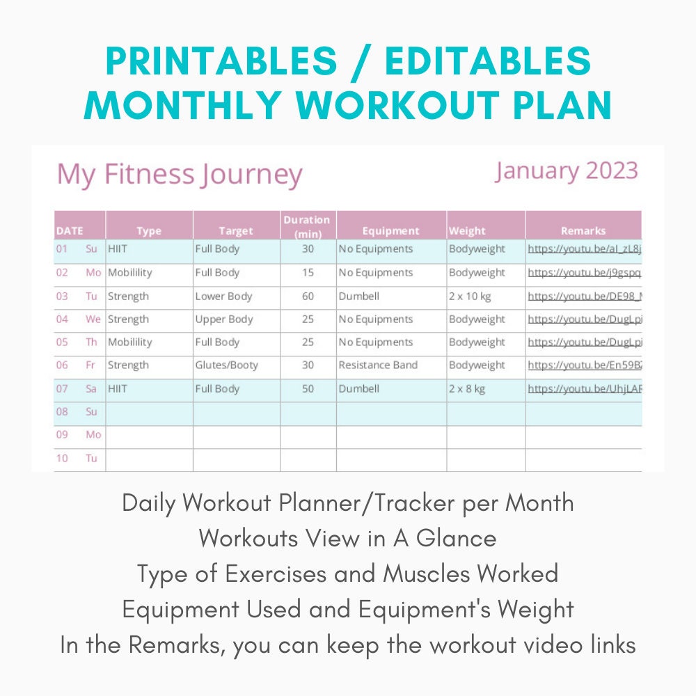 12 Months Monthly Workout Calendar Template, Daily Exercise Tracker ...