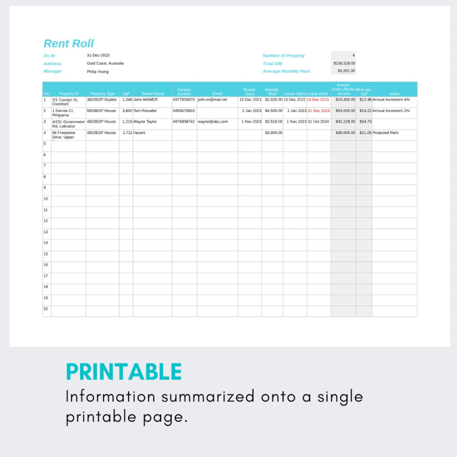 Rent Roll Template Google Sheets Spreadsheet, Instant Download ...