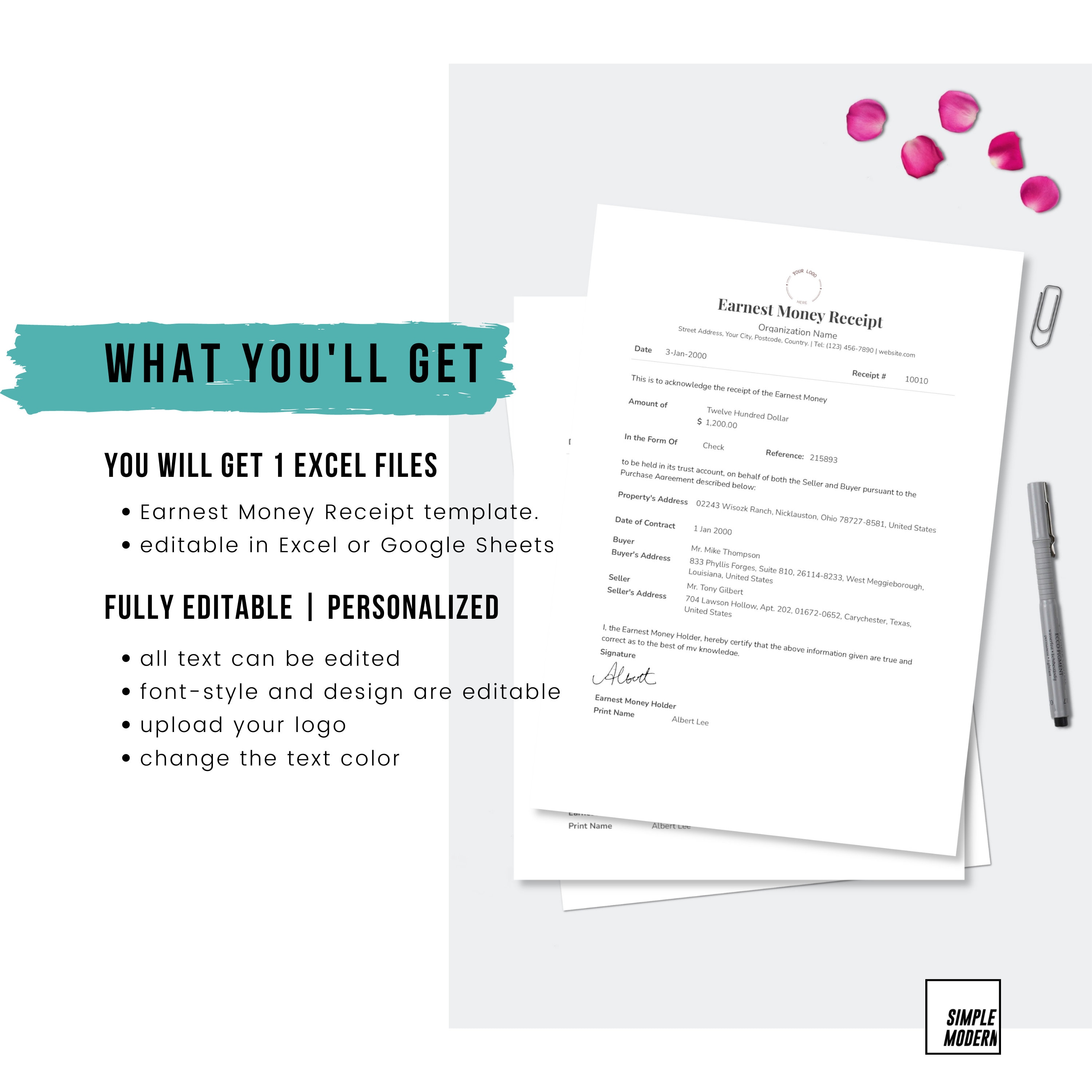 Earnest Money, Deposit Receipt Template Download, A4, US Letter Size ...