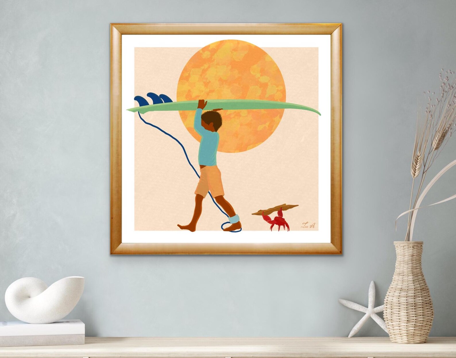 Surf Art Print - Black Boy With Surfboard Under Sunset | Coastal Wall ...
