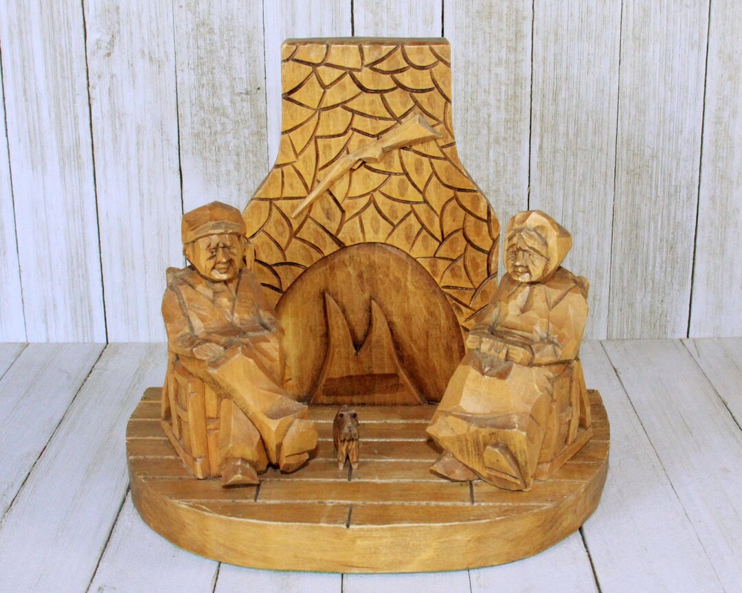 Vintage Folk Art Wood Carving – Old Couple Fireplace Scene by Marcel ...
