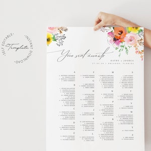 Colorful Flowers Wedding Seating Chart, Alphabetical Coral Pink Seating ...
