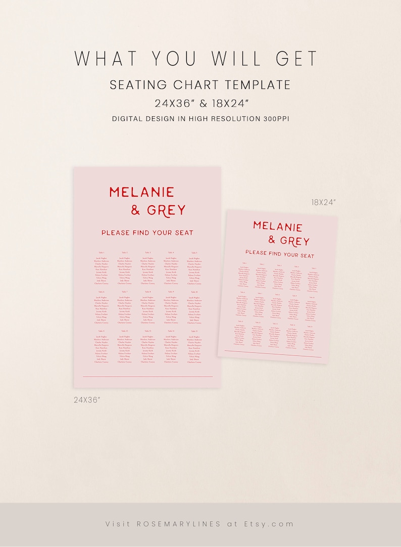 Pink Retro Seating Chart Template, Pink and Red Wedding Seating Chart ...