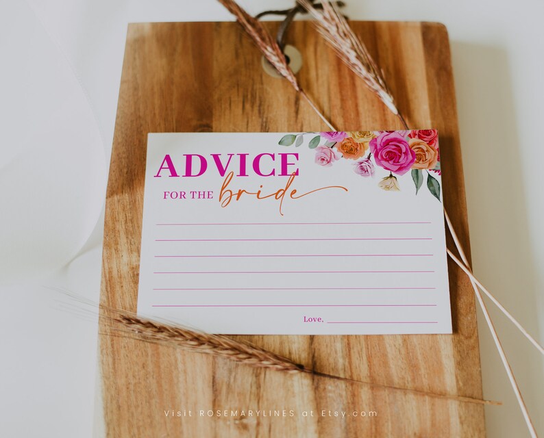 Pink Orange Advice Card Template, Hot Pink Bridal Shower Advice Cards ...