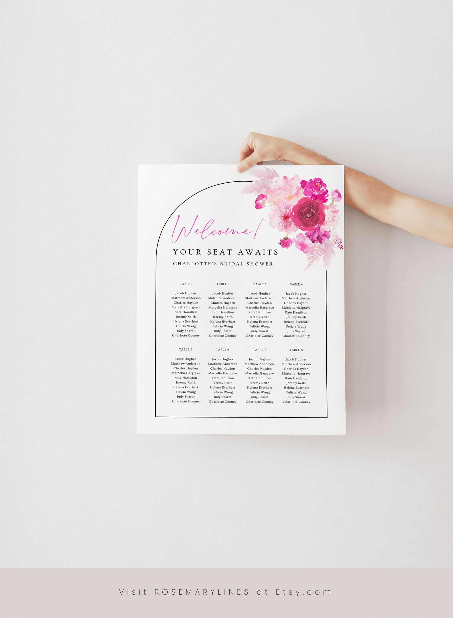 Hot Pink Floral Seating Chart Template, Blush Bubblegum Pink Seating ...