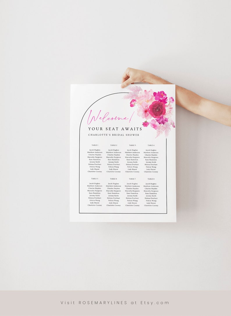 Hot Pink Floral Seating Chart Template Blush Bubblegum Pink - Etsy