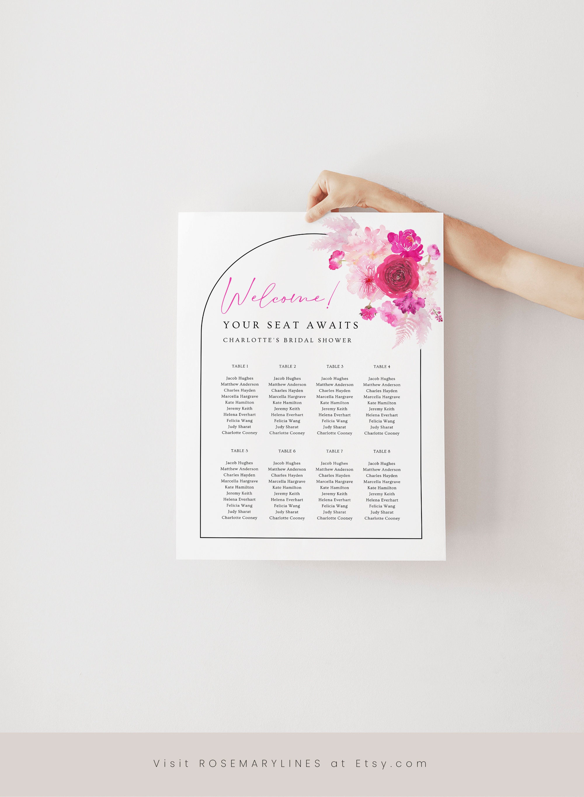 Hot Pink Floral Seating Chart Template, Blush Bubblegum Pink Seating ...