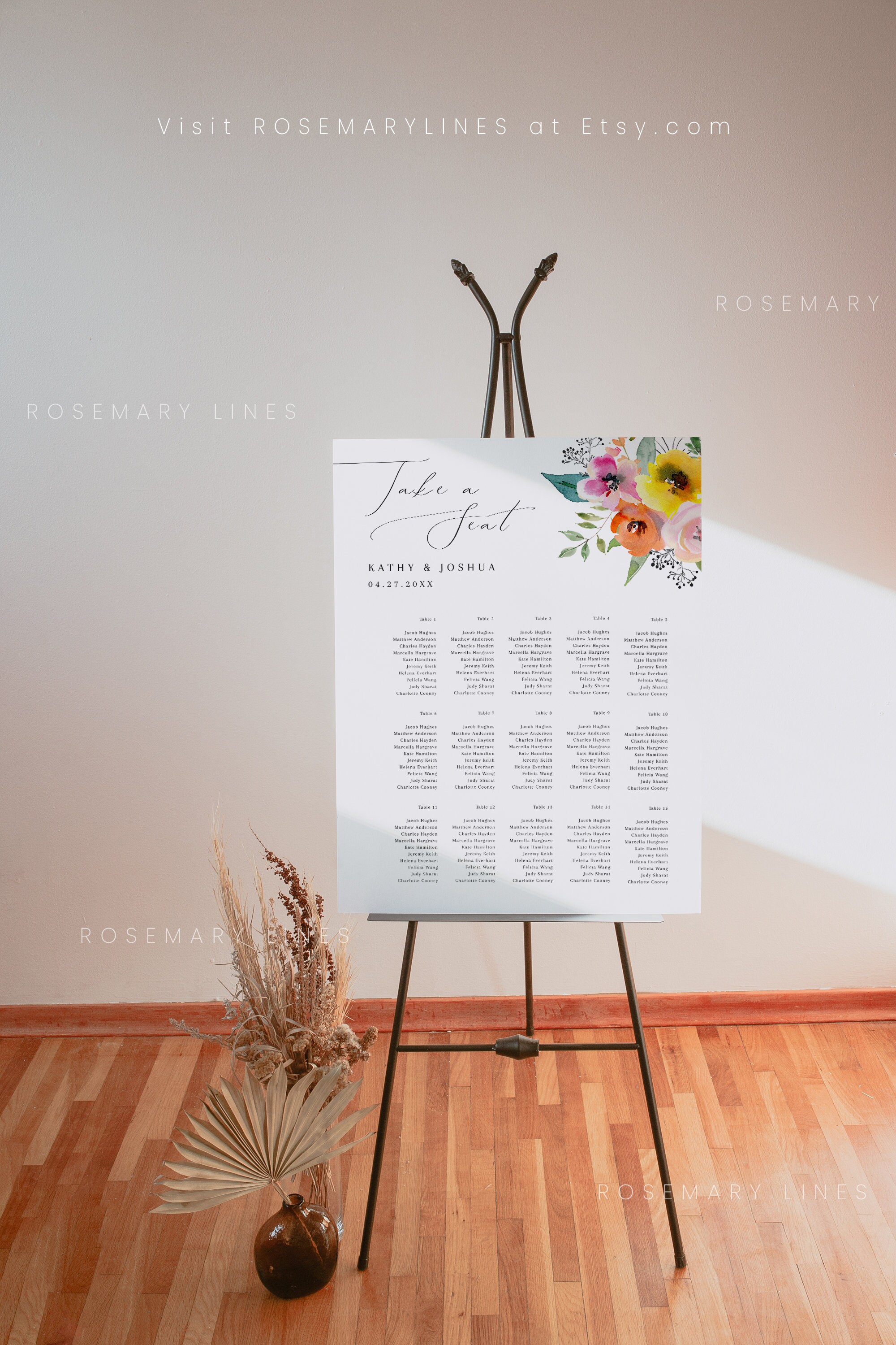 Orange Pink Yellow Floral Seating Chart Template Coral | Etsy