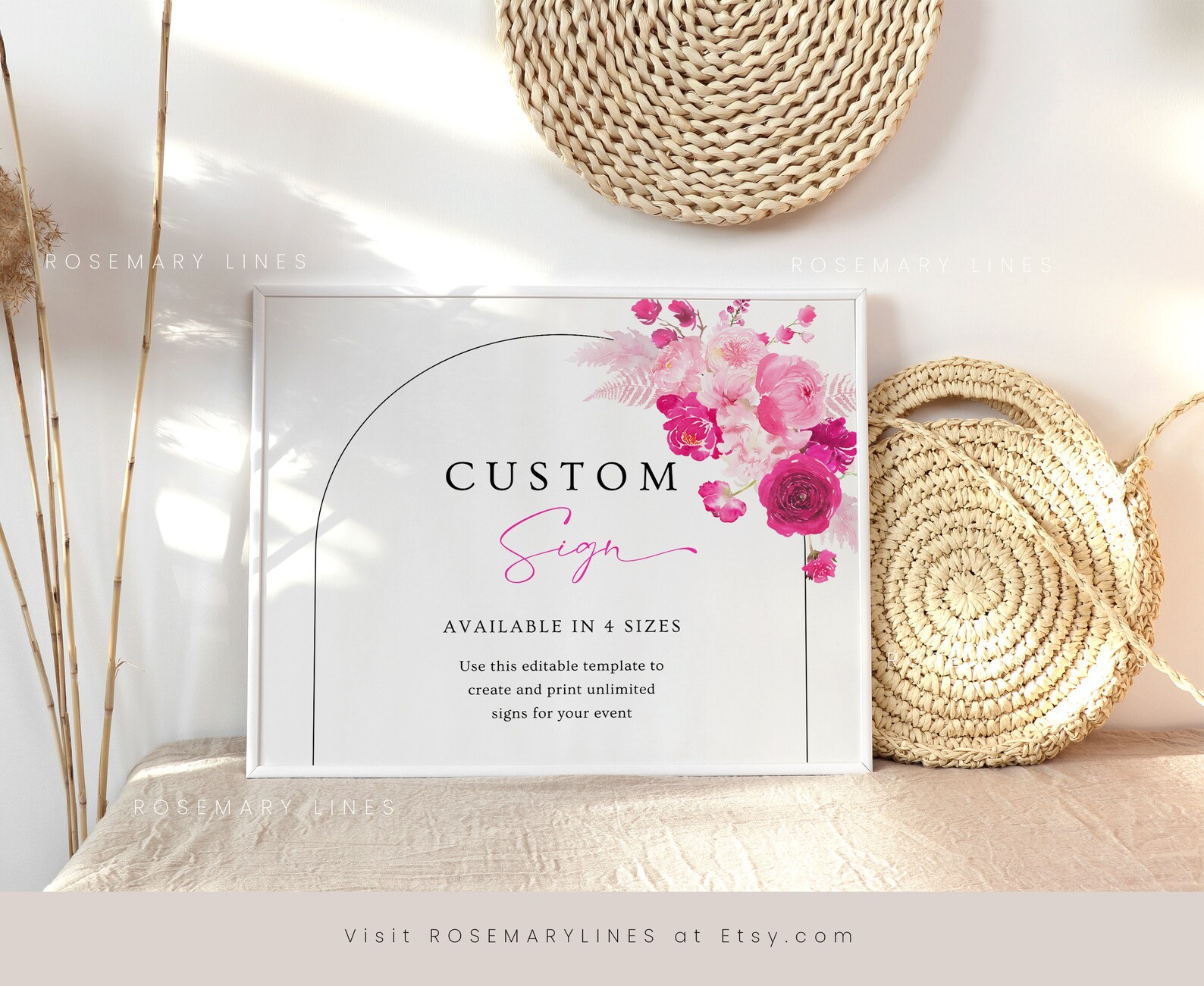 Hot Pink Custom Signs, Blush Bubblegum Pink Floral Custom Sign Template ...