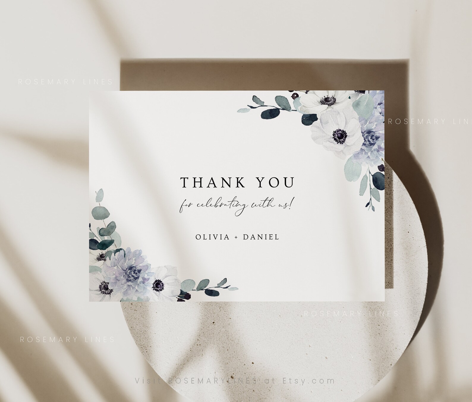 Dusty Blue Floral Thank You Card Template, Rustic Winter Wedding Thank ...