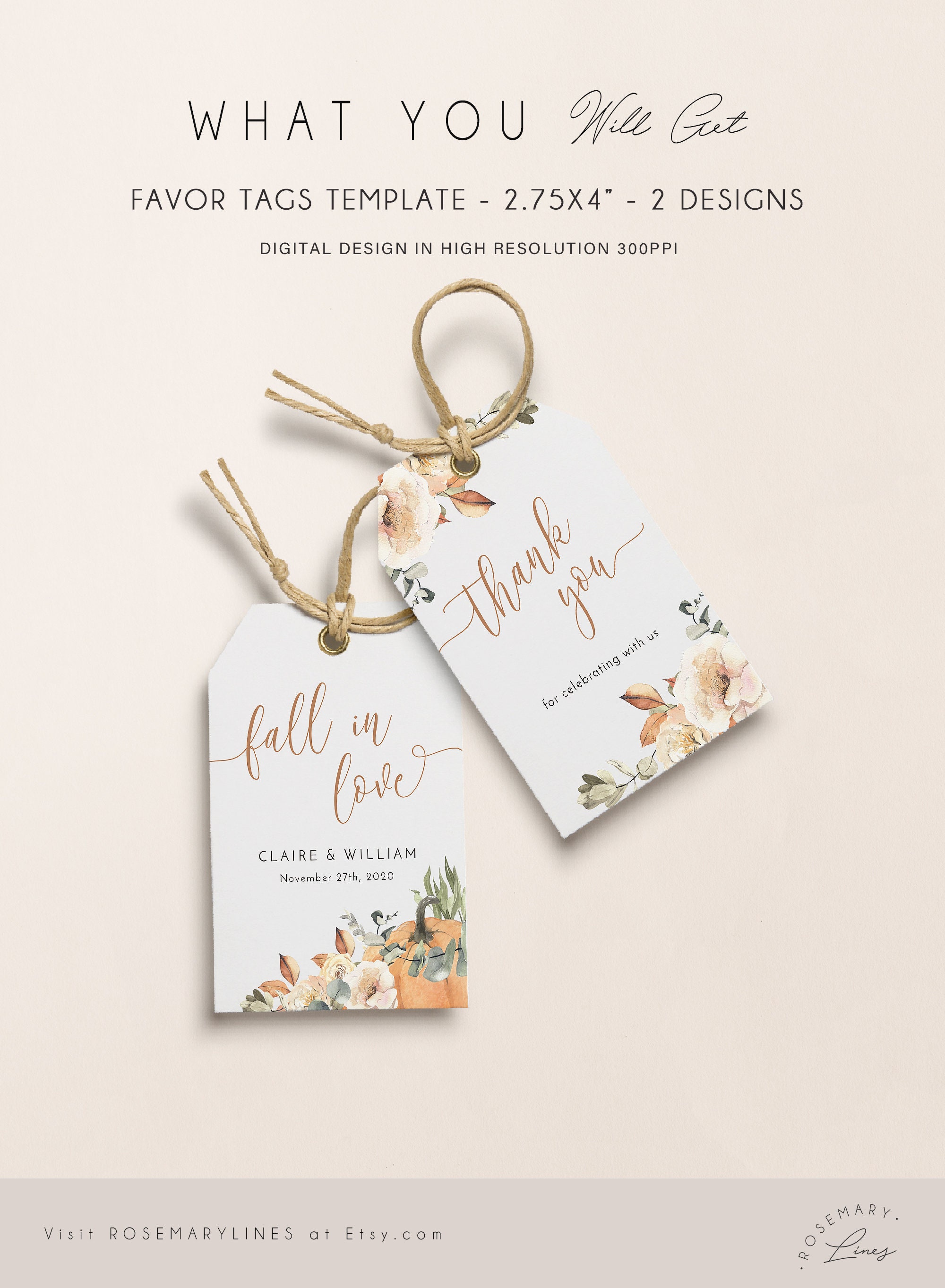 Fall Favor Tags Pumpkin Favor Tag Template Orange Floral - Etsy