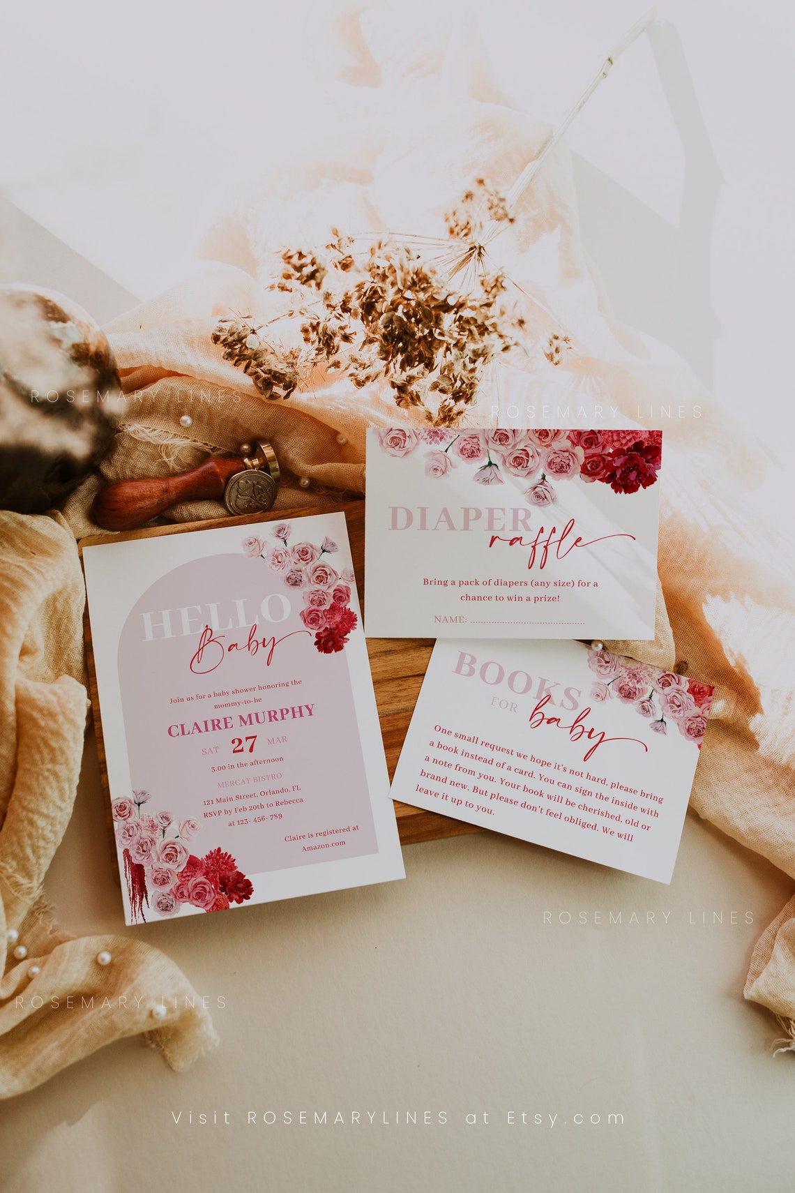 Red and Pink Floral Baby Shower Invitation Set Template Hot - Etsy