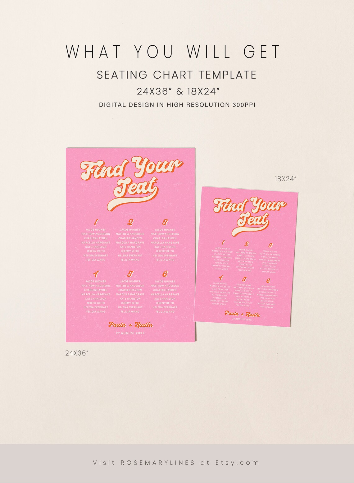 Retro Bright Pink Seating Chart Template, Hot Pink Orange Wedding ...