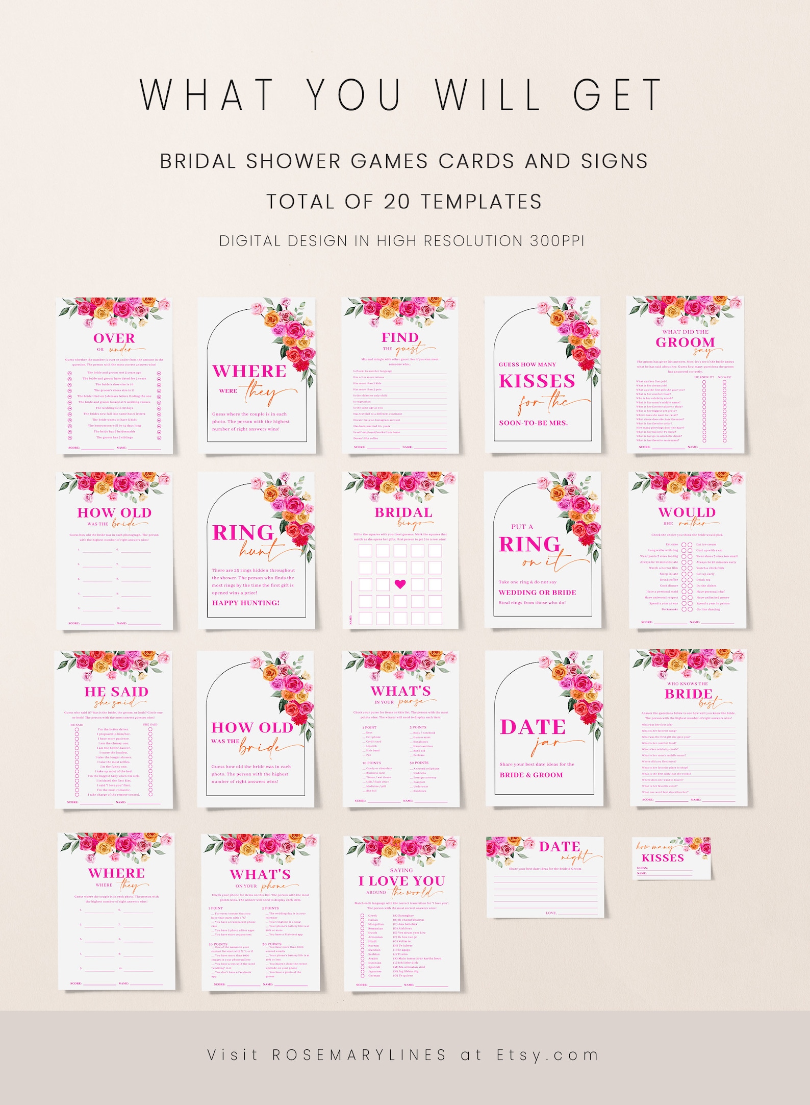 Pink Orange Bridal Shower Games Bundle Template Hot Pink - Etsy