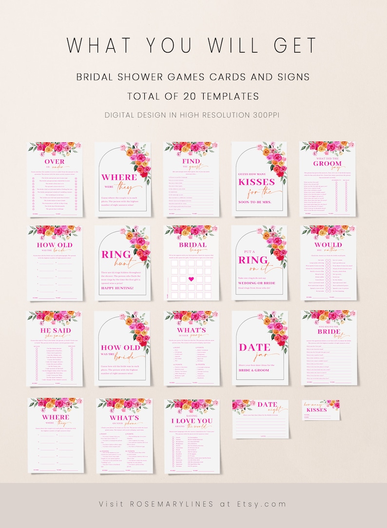 Pink Orange Bridal Shower Games Bundle Template, Hot Pink Floral Bridal ...