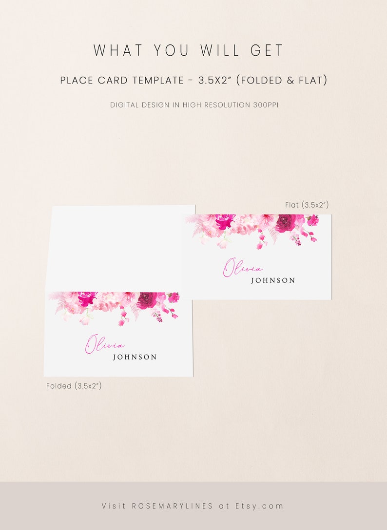 Hot Pink Place Cards Pink Floral Place Card Template Blush - Etsy