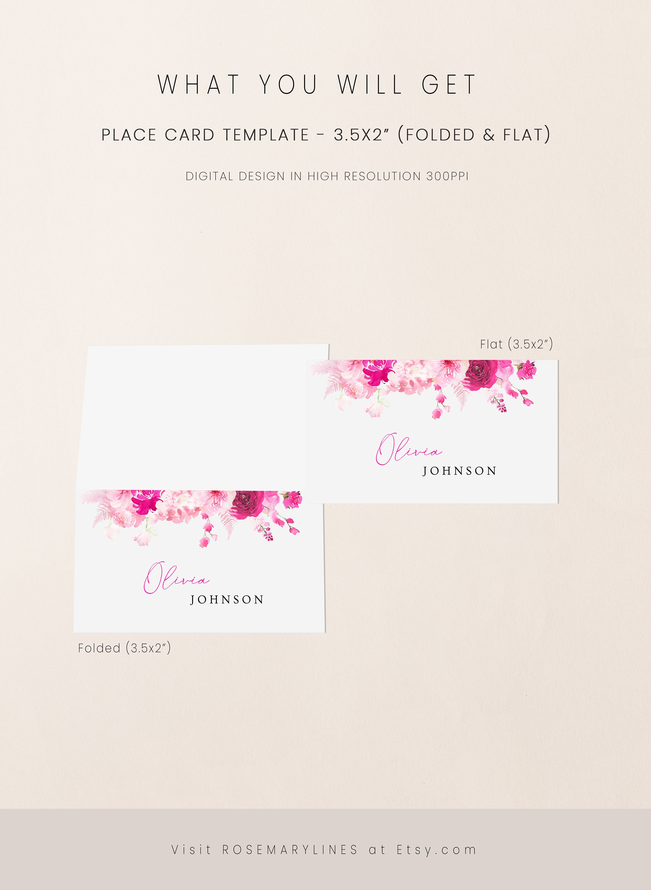Hot Pink Place Cards Pink Floral Place Card Template Blush - Etsy