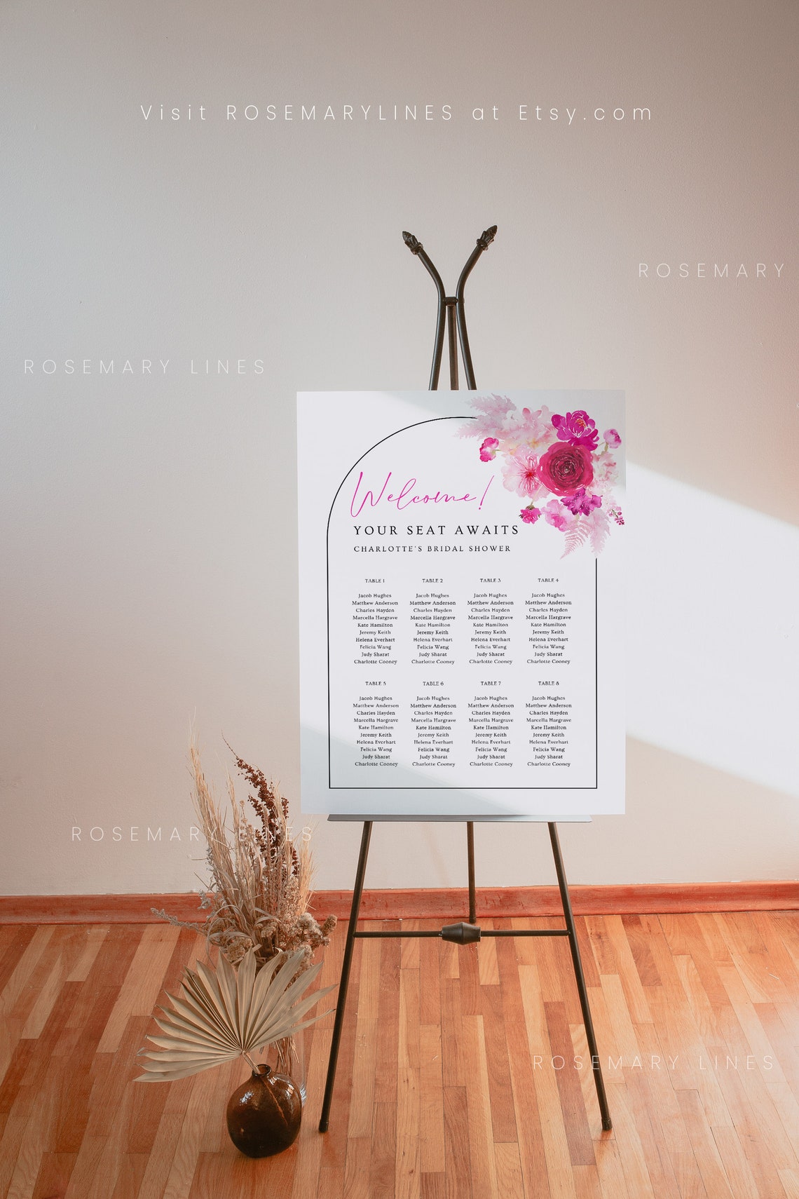 Hot Pink Floral Seating Chart Template, Blush Bubblegum Pink Seating ...