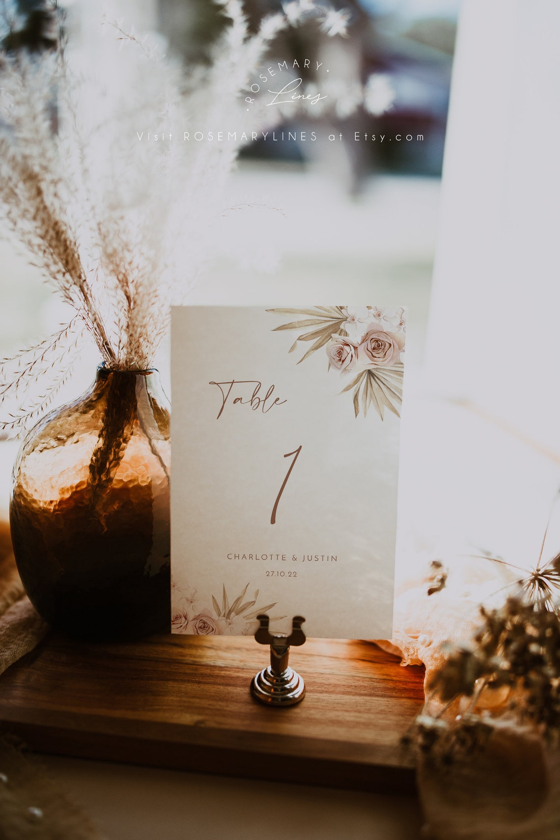 Blush Boho Wedding Table Numbers, Dried Palm Table Number Template ...