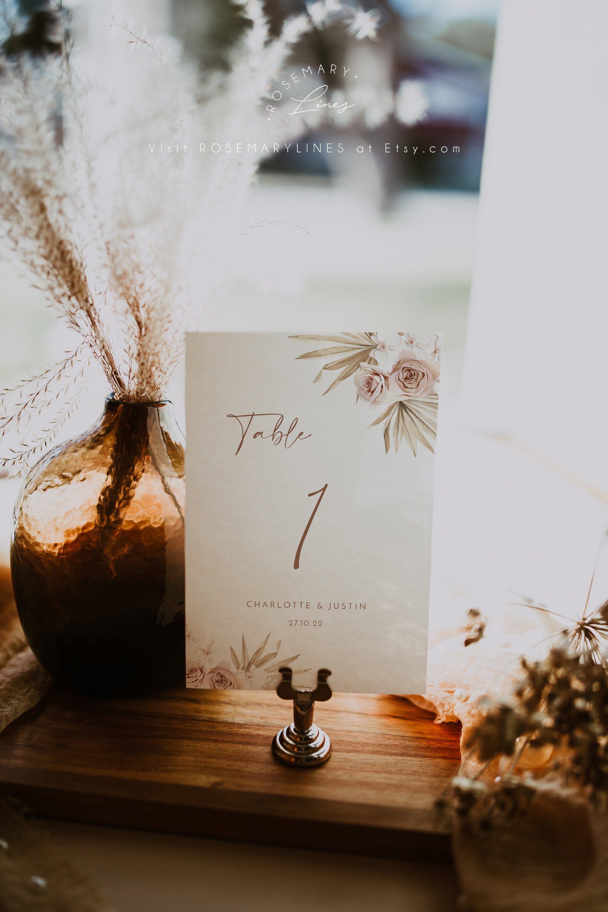 Blush Boho Wedding Table Numbers, Dried Palm Table Number Template ...