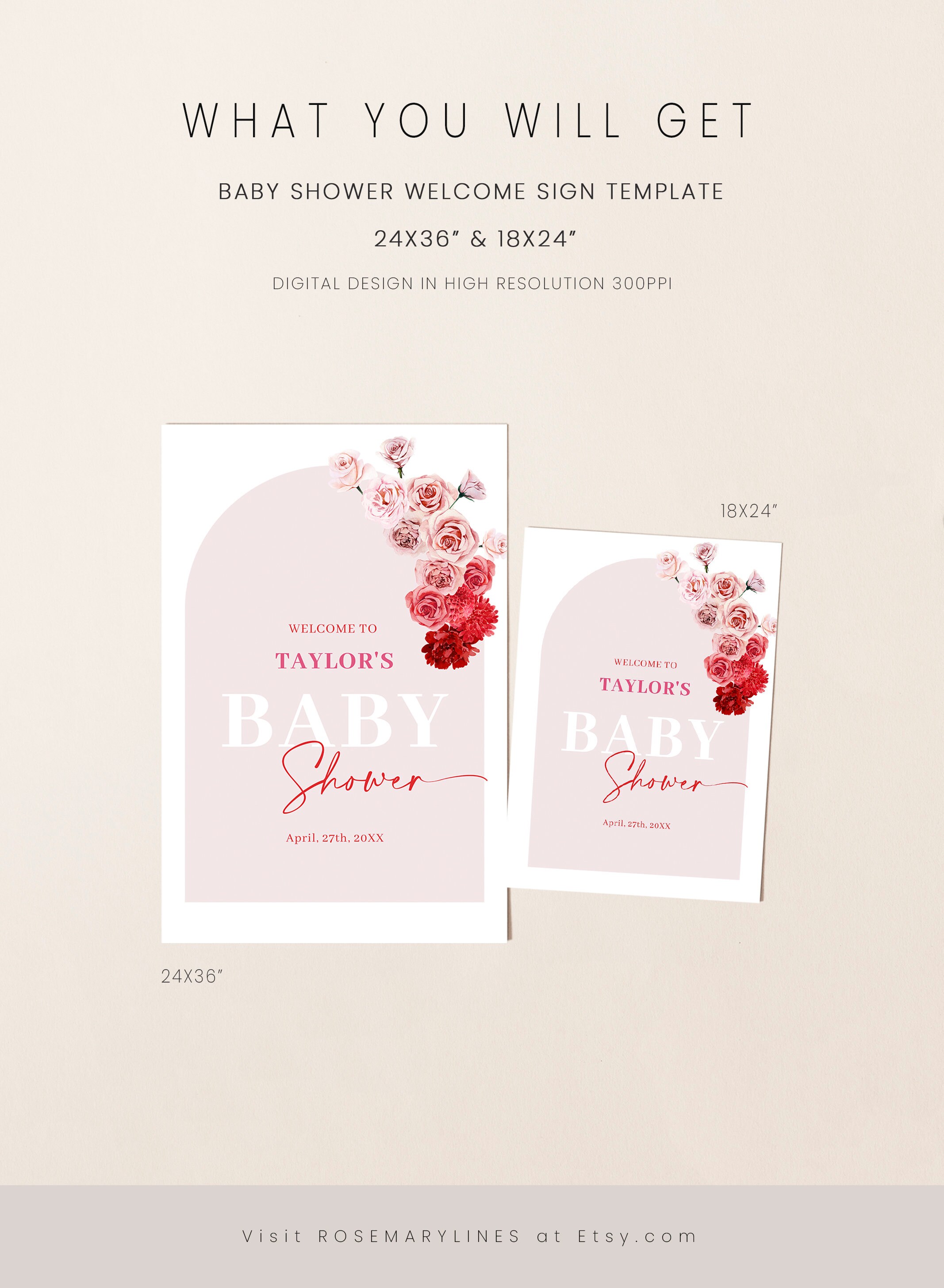 Red and Pink Baby Shower Welcome Sign Template, Hot Pink Flowers ...