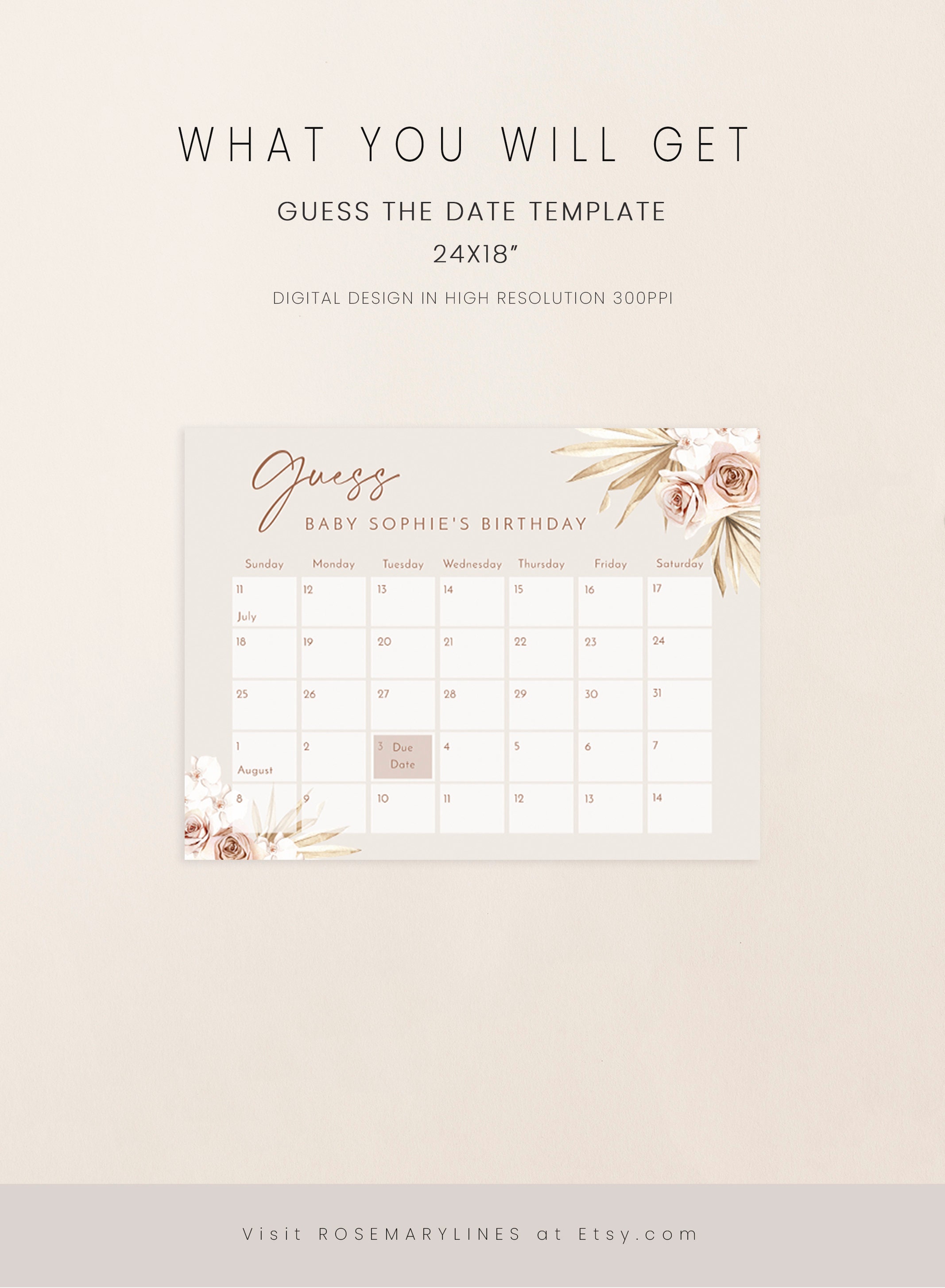 Blush Boho Baby Shower Due Date Calendar Template, Dusty Rose Guess the ...