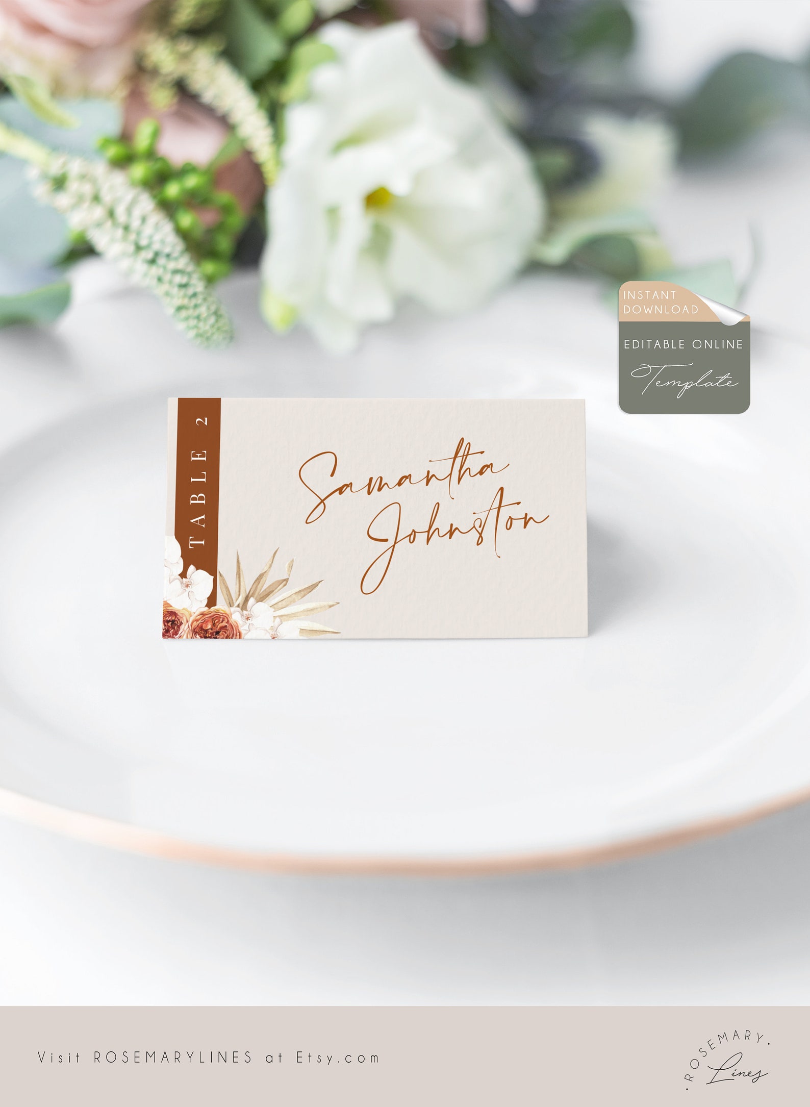 Burnt orange place cards pampas grass place cards template | Etsy