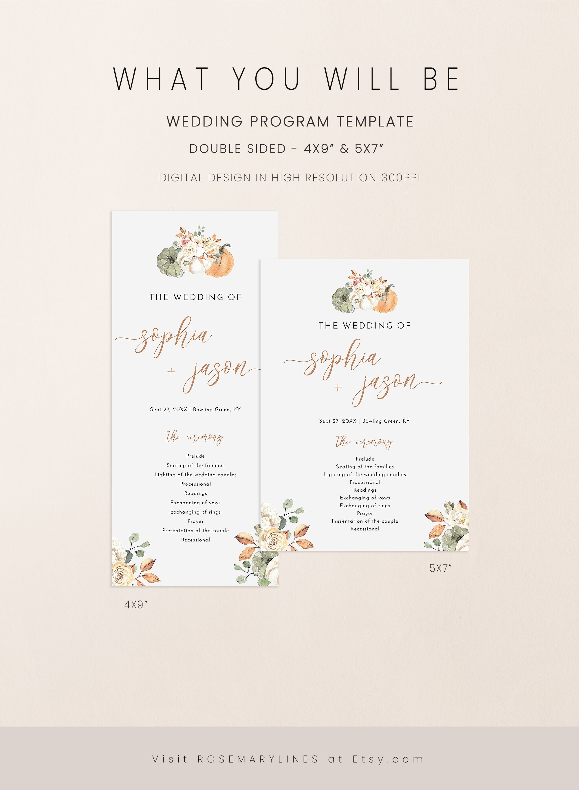 Fall wedding program template orange pumpkin wedding | Etsy