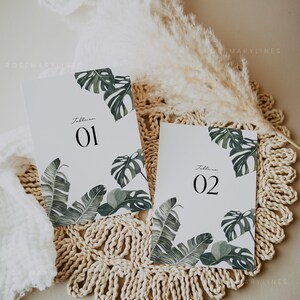 Tropical Table Number Template, Rustic Boho Palm Leaf Table Numbers ...