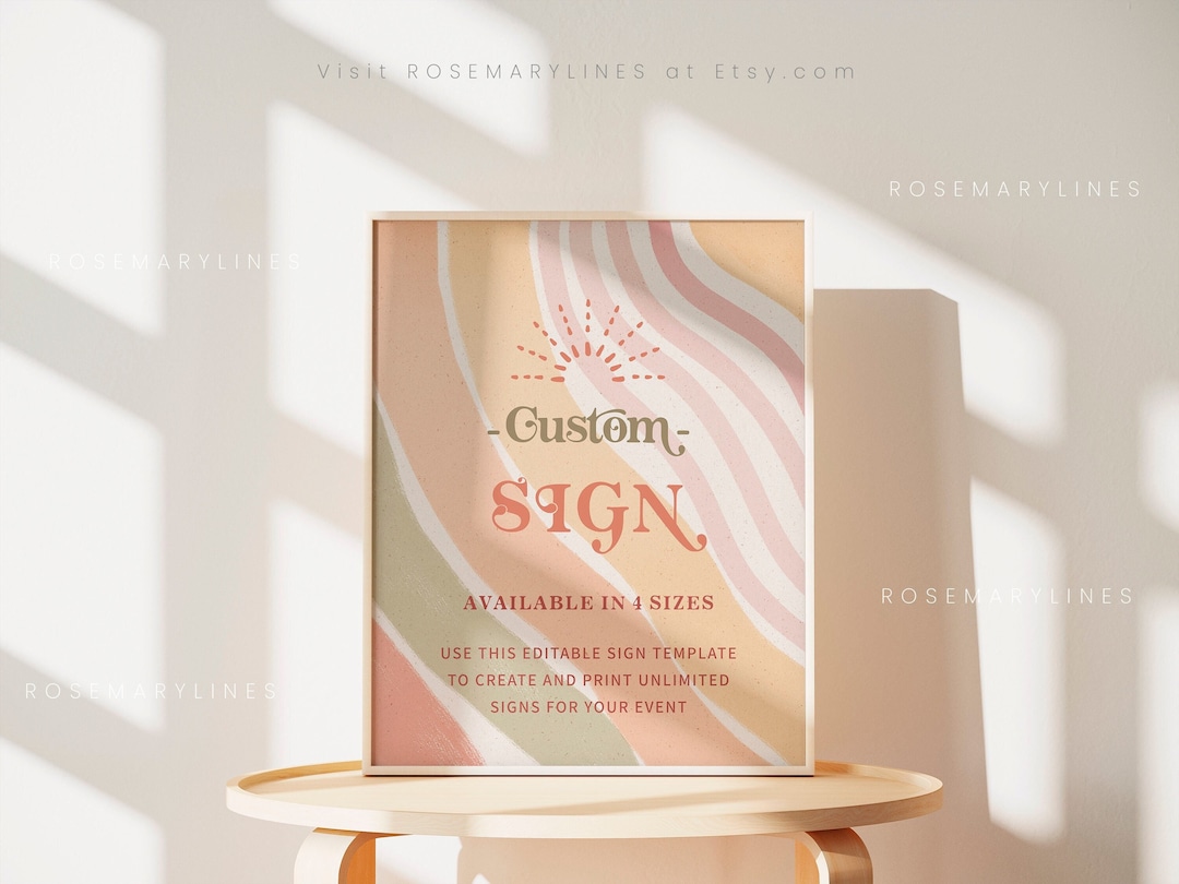 Retro Custom Sign Template, Boho 70s Wedding Signs, Pastel Personalized ...