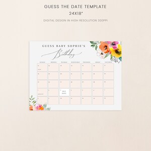 Coral Baby Shower Due Date Calendar, Spring Summer Floral Guess the Due ...