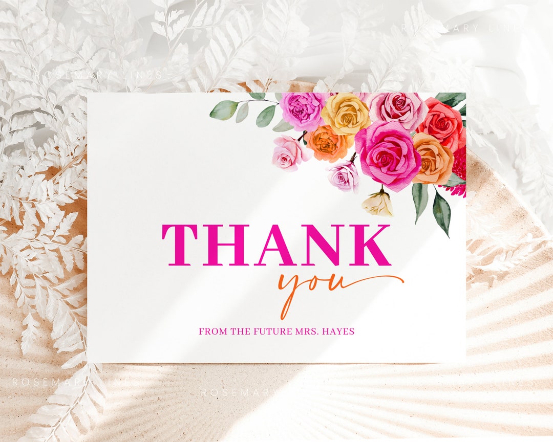 Pink Orange Thank You Card Template, Hot Pink Floral Bridal Shower ...